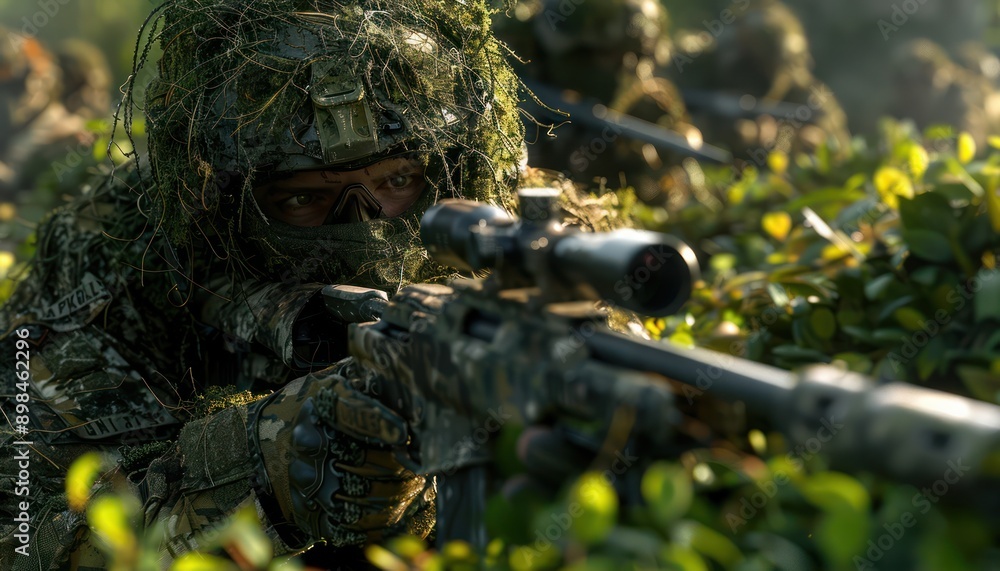 Camouflaged Military Sniper Aiming Rifle Through Scope, Army Combat ...