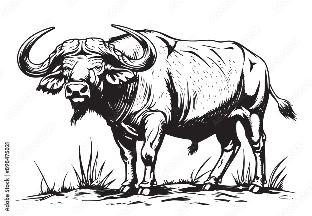 African buffalo. Hand drawn vector sketch illustration. Black outline ...