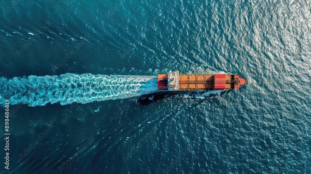 Bird eye view of a cargo ship creating a long, white trail on the ocean ...