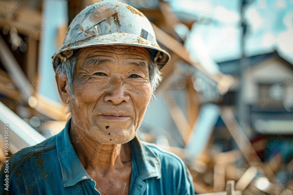 Portrait of a volunteer rebuilding homes after the typhoon, determined ...