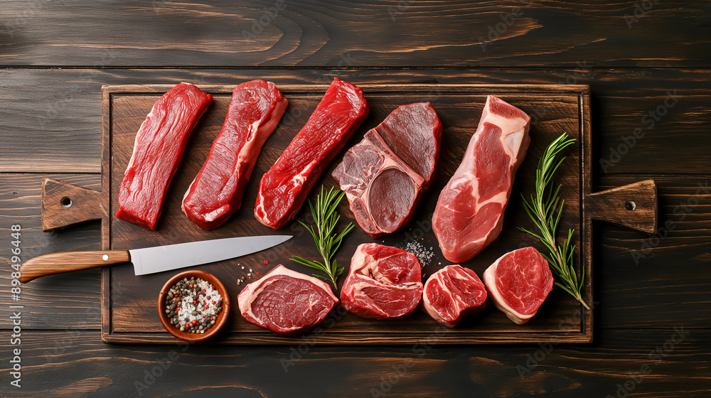 Variety of Raw Black Angus Prime meat steaks Machete, Blade on bone ...
