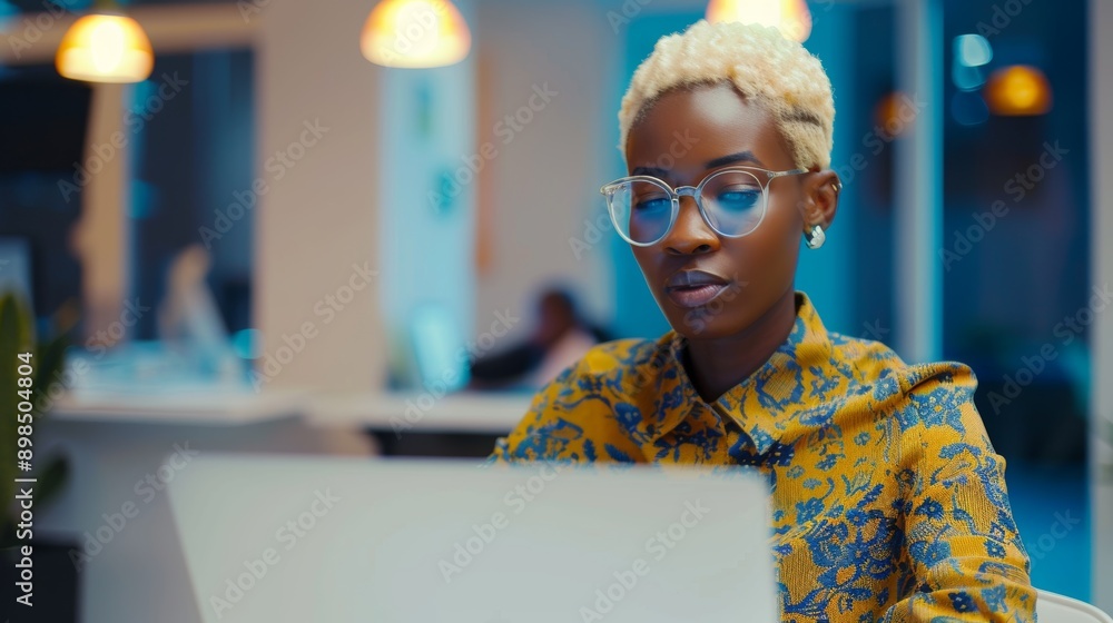 Black woman in glasses, office, laptop, contemplating, reviewing email ...