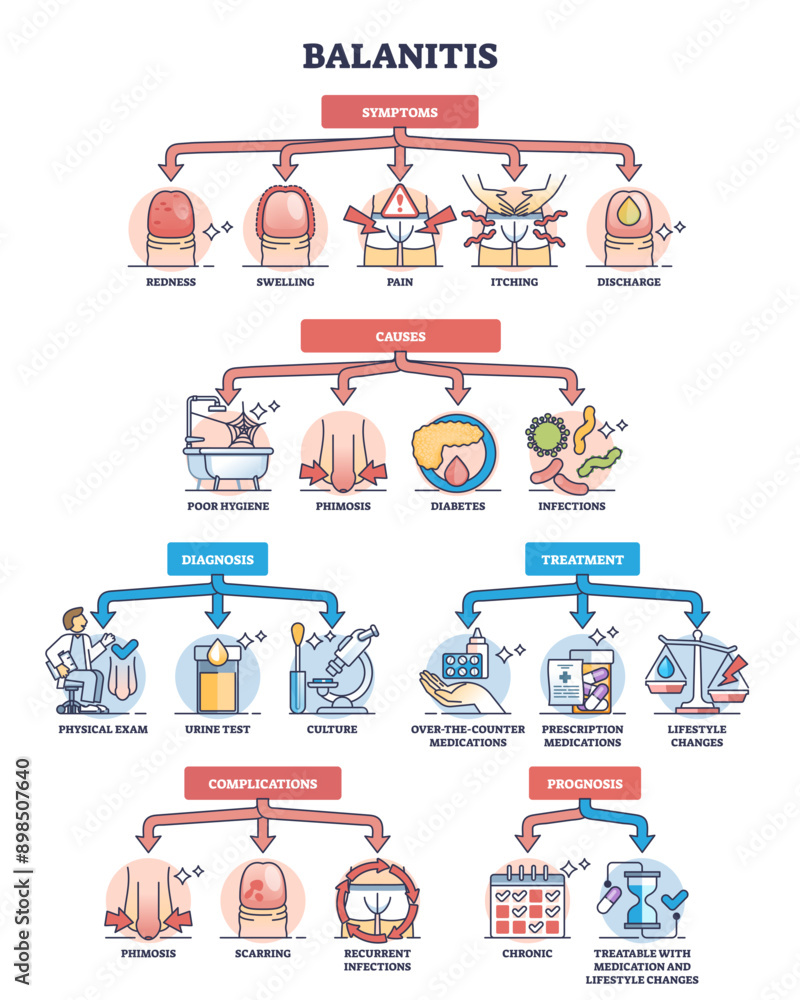 Balanitis foreskin infection and male penis inflammation outline ...