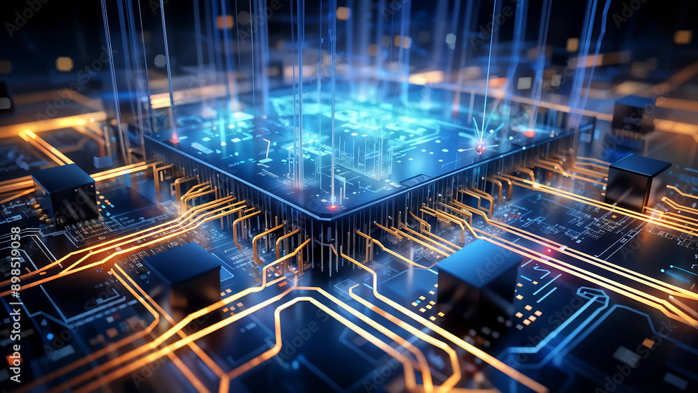 Quantum computing system, abstract representation, entwined processor lines, electronic ...