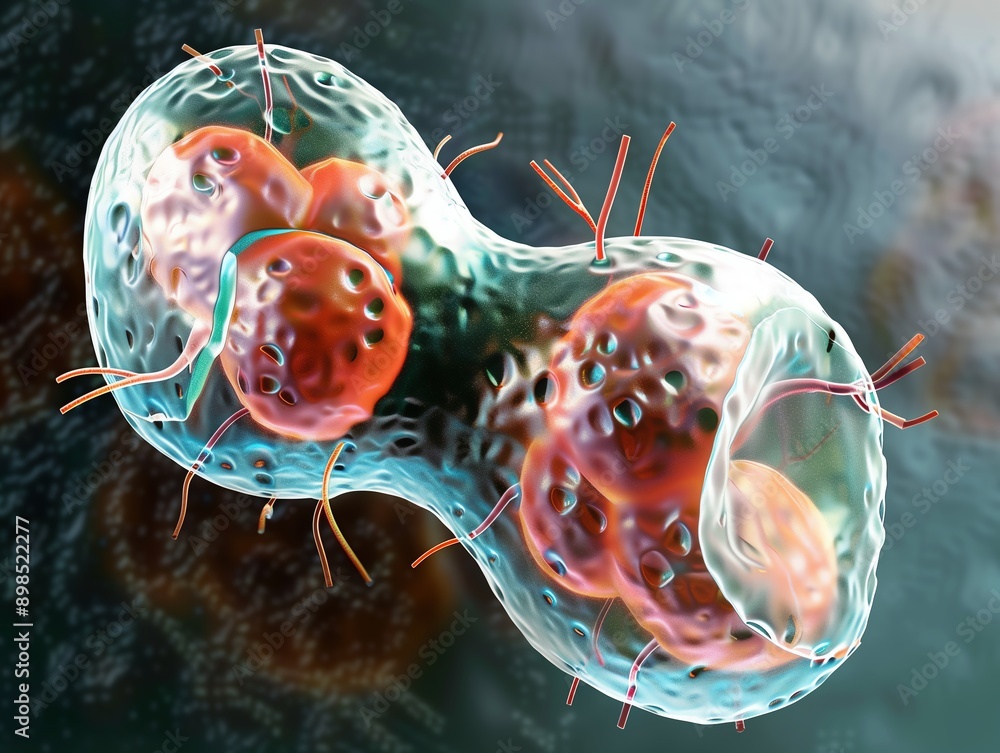 A microscopic illustration of a cell undergoing binary fission. The ...