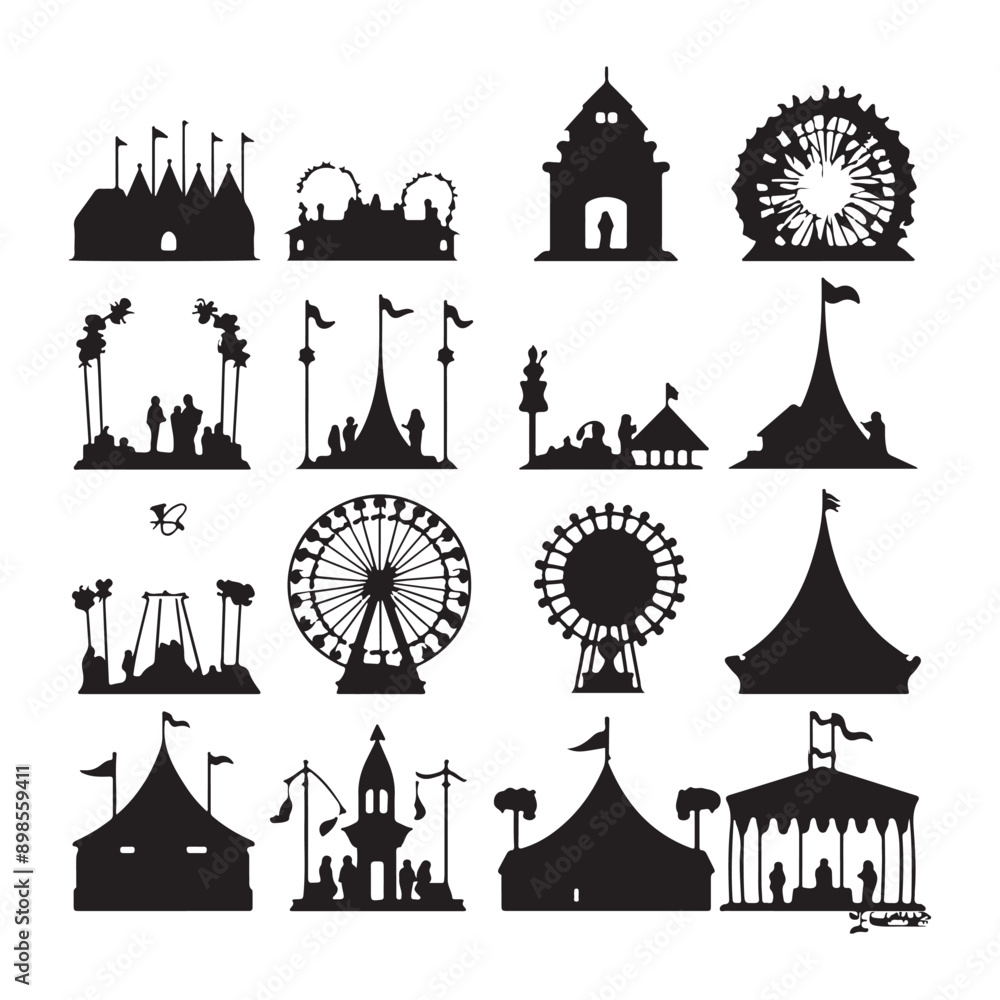 Amusement park silhouette elements, carnival fairground attractions ...