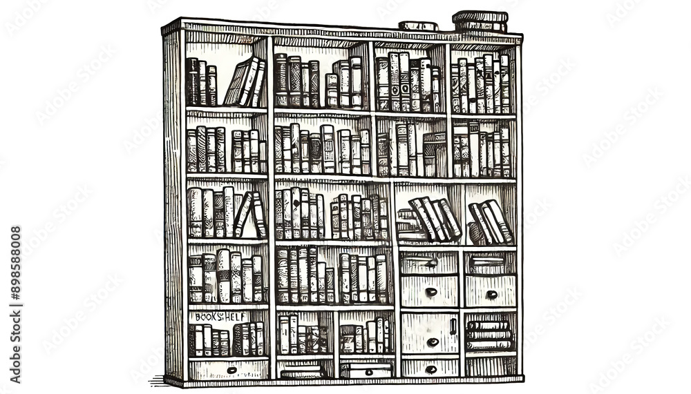 Hand-drawn bookshelf on pure white background Stock Illustration ...