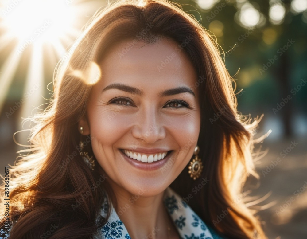 Smiling friendly beautiful Uzbek woman 40 years old. Uzbek nationality ...