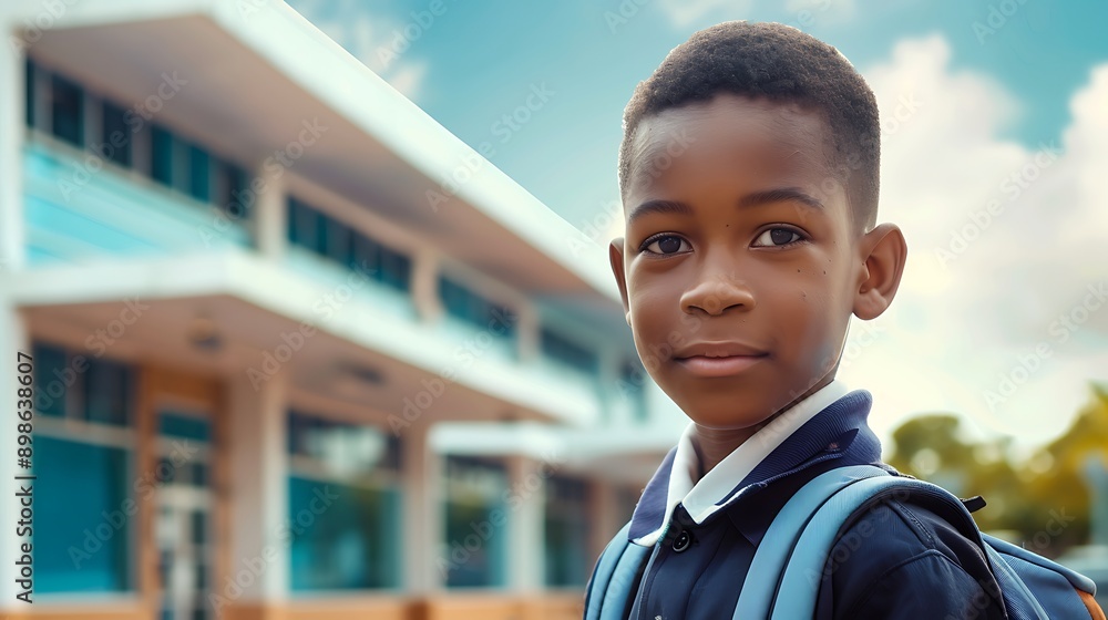 A young black boy with short hair, wearing a school uniform, standing ...