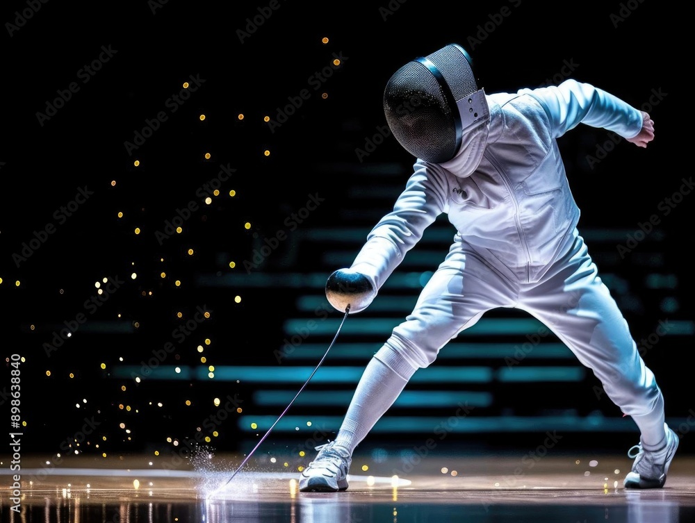 Dynamic action shot of a fencer in full gear, on a brightly lit stage ...