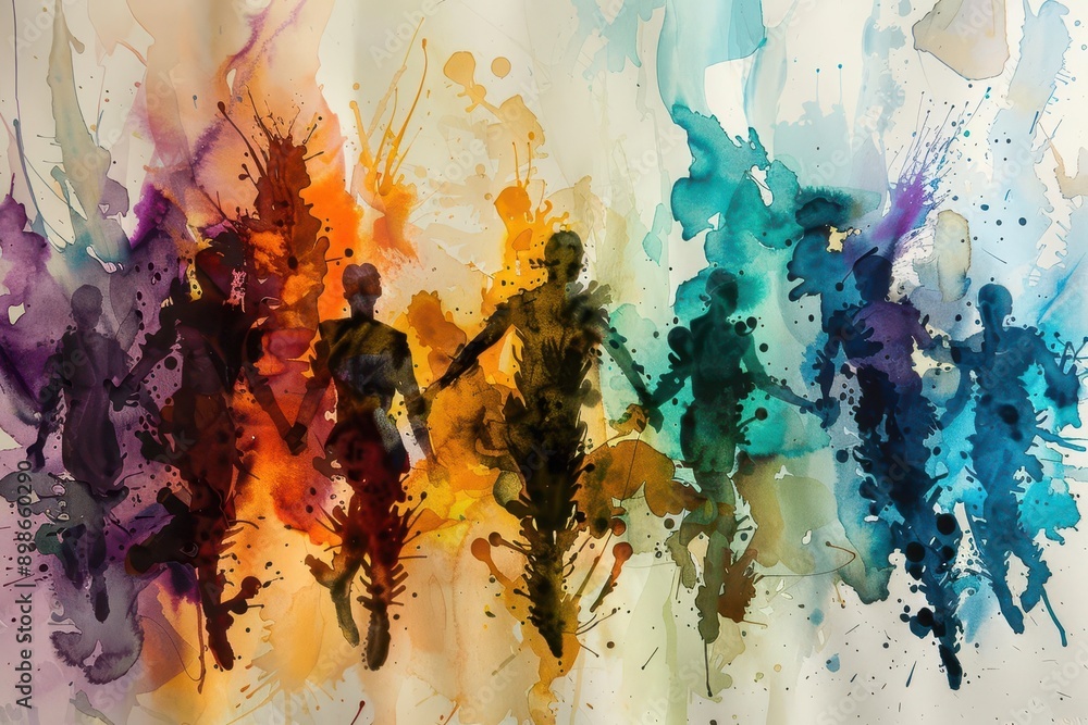 abstract fluid art portrayal of diverse silhouettes merging and ...