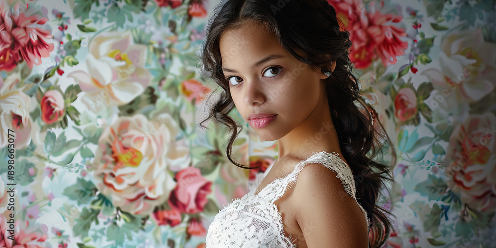 Teen pinup girl wears a beautiful white dress adorned with lace, her ...