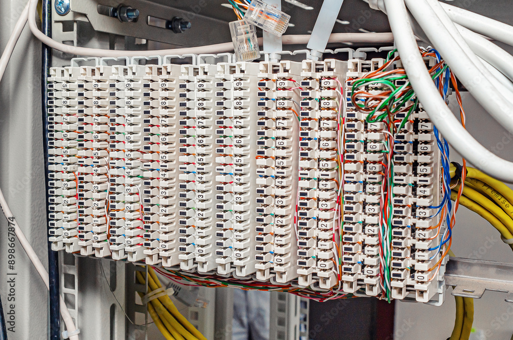 Telecommunication tag block rack in main distribution frame room. Stock ...
