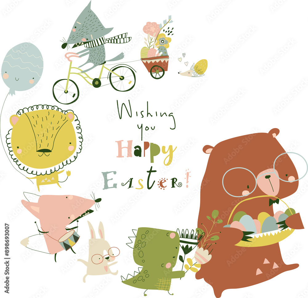 Cartoon vector illustration with cute animals celebrating Easter Stock ...