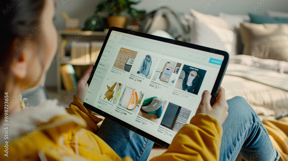 Detailed shot of an online store interface on a tablet, showing product ...