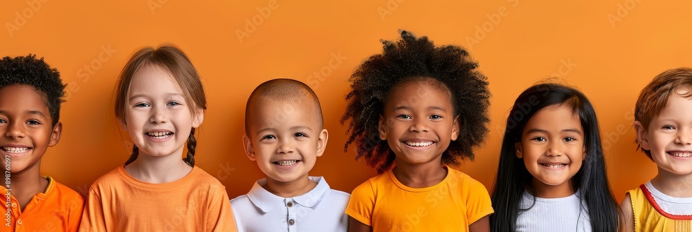 A group of six children from different ethnic backgrounds are wearing ...