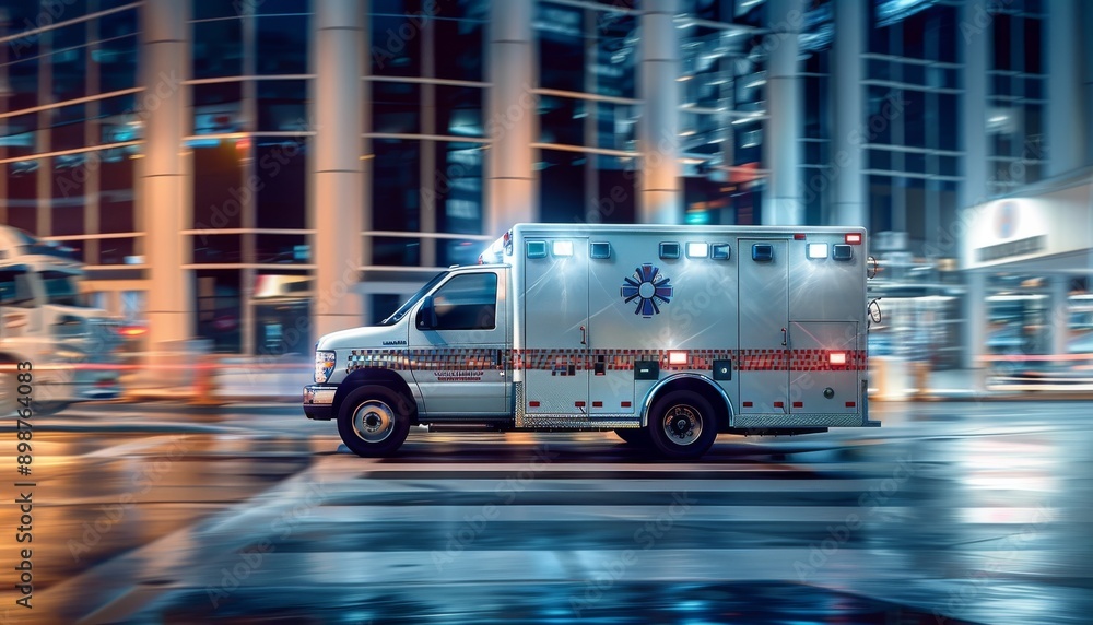Ultra-sharp photo depicting a fast-moving medical ambulance vehicle ...