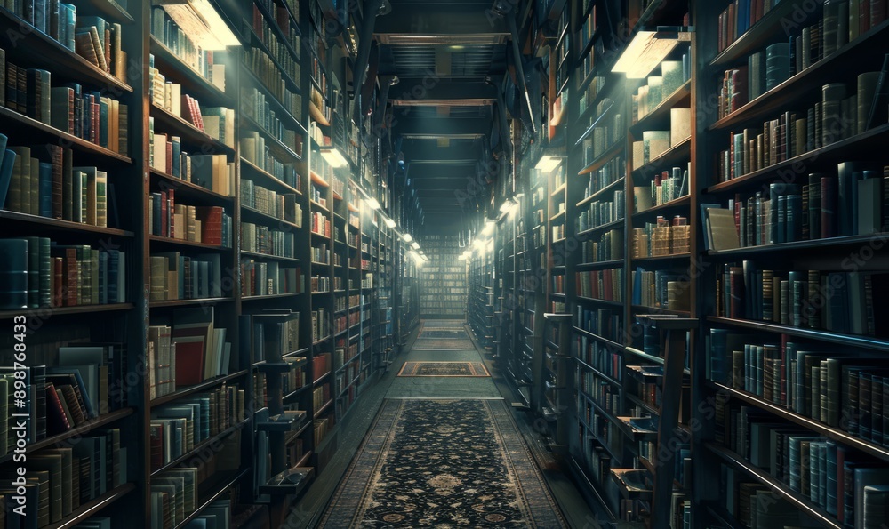 Surreal library labyrinth, shelves stretch into infinity. Illuminated ...