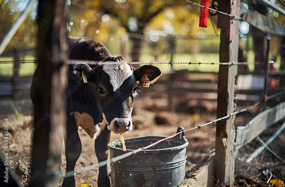 Calf, bucket and feeding by fence at farm for diet, health and growth ...