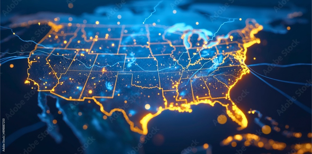 "Digital illustration of a glowing map of the United States ...