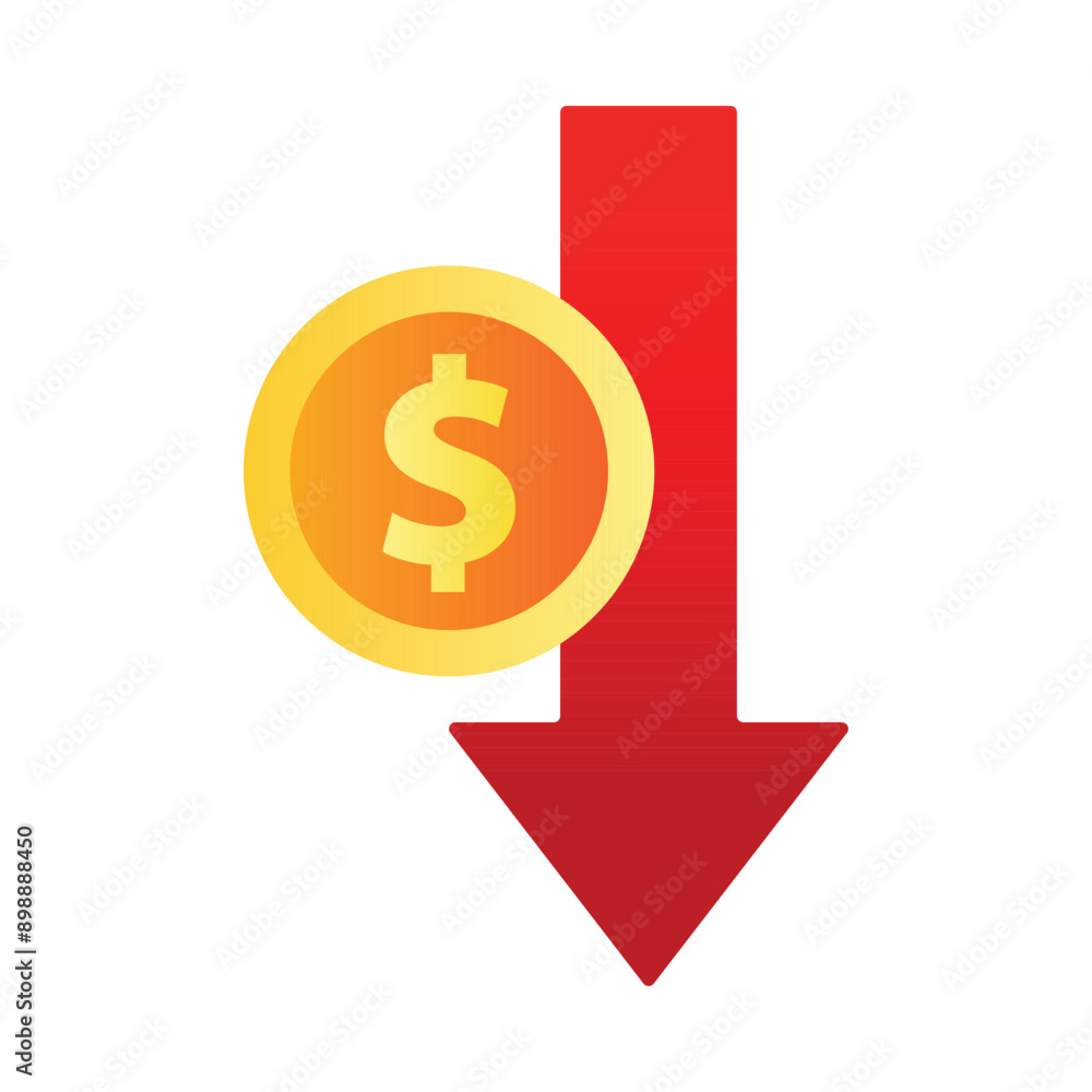 Red arrow going down stock with dollar coin on white background. Bankruptcy, financial market ...