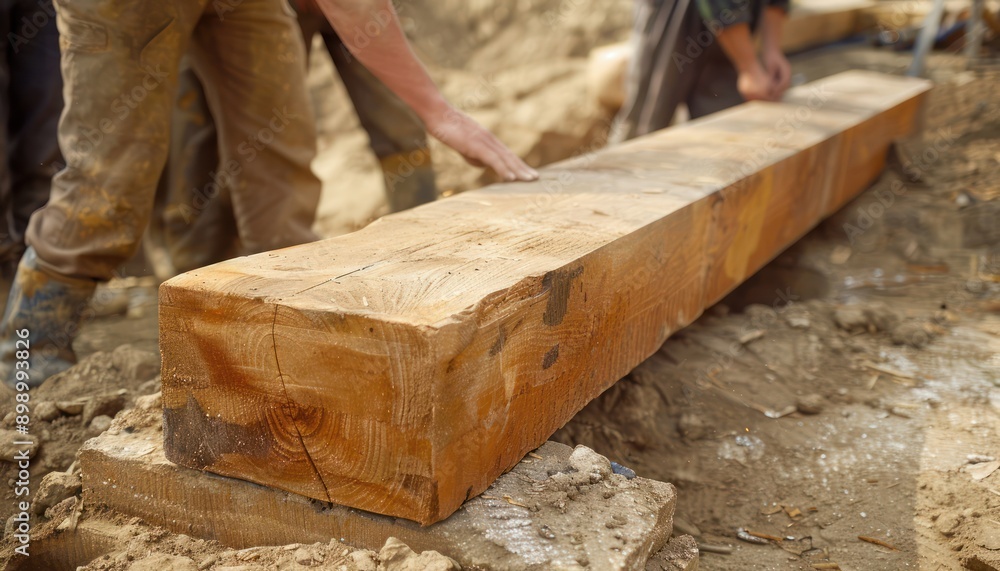 Skilled Carpenter Adjusting Timber Beams Within a Detailed Building Frame, Construction ...