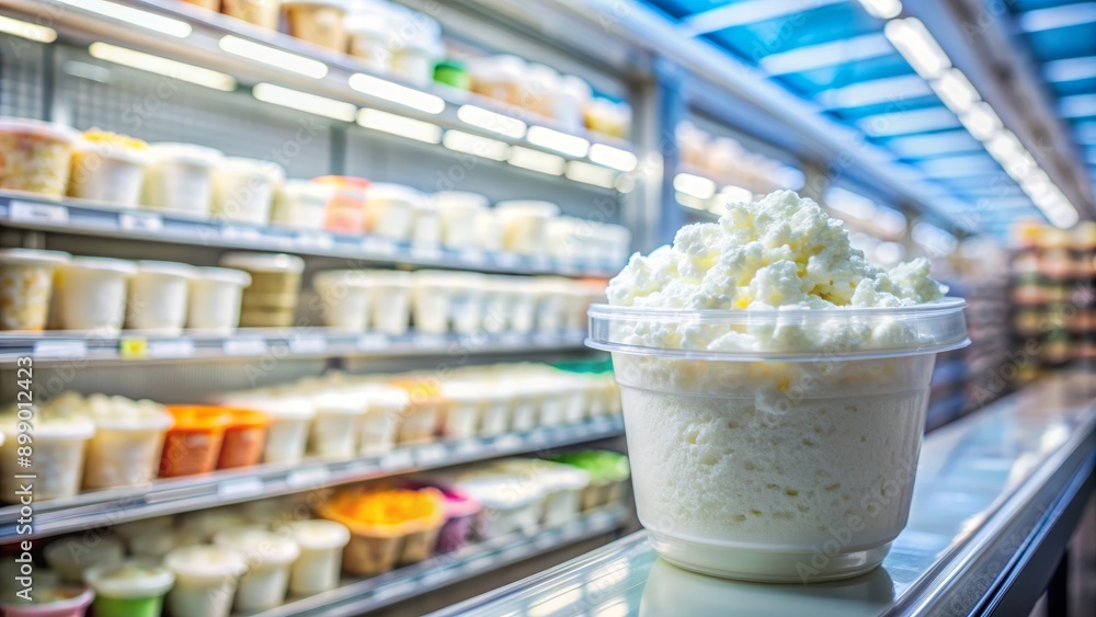 A plastic container of creamy white cottage cheese sits on a shelf in a ...