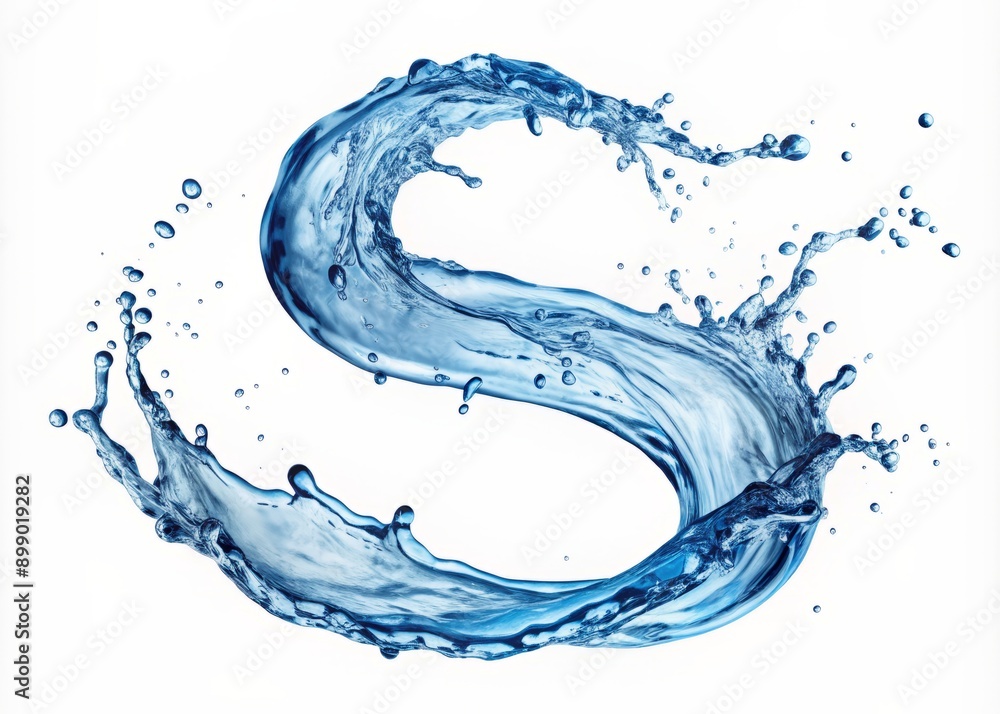 .Water splash in the shape of an S isolated on white background, Stock ...
