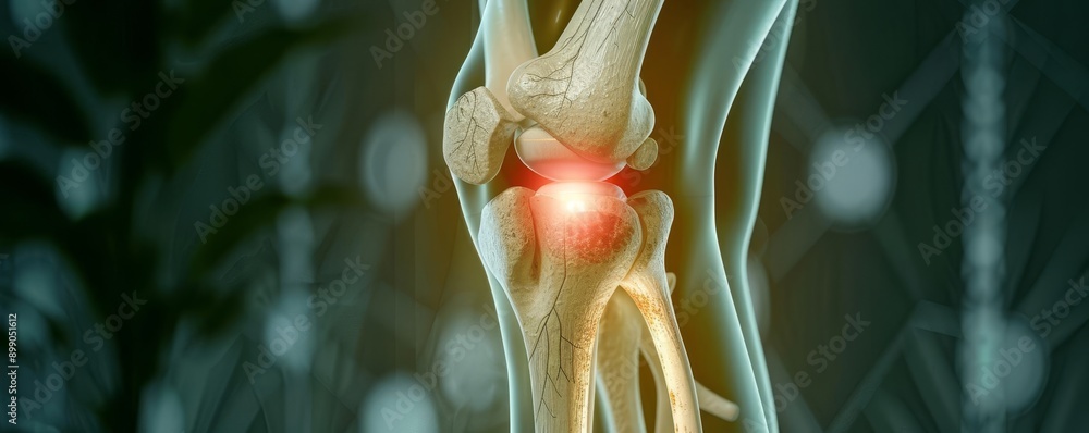 3D rendering of a knee joint showing the impact of arthritis, with ...