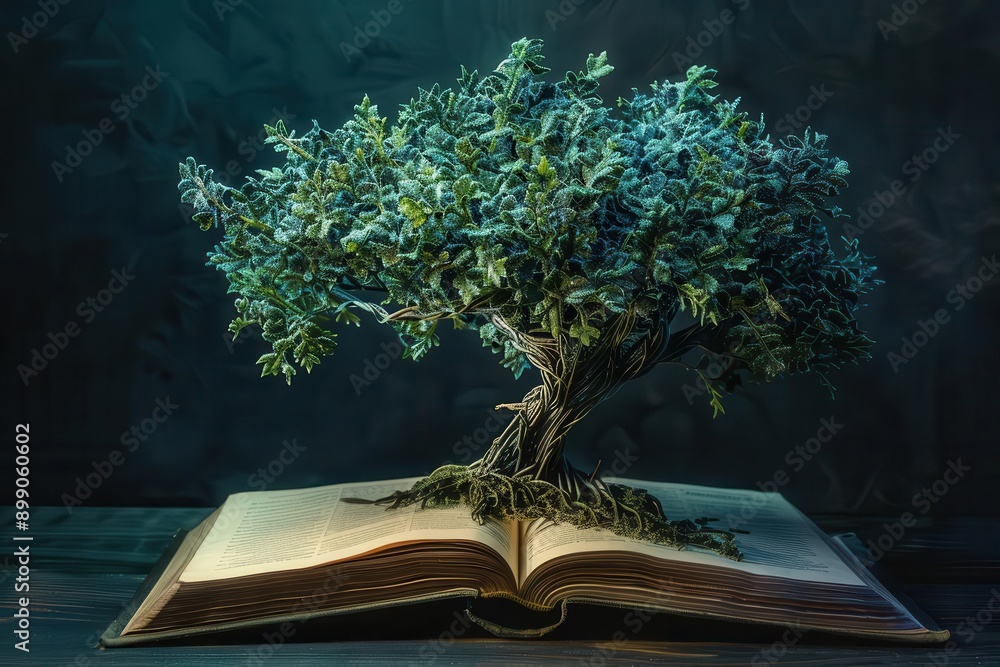 knowledge blossoms open book with enchanted tree growing from its pages ...