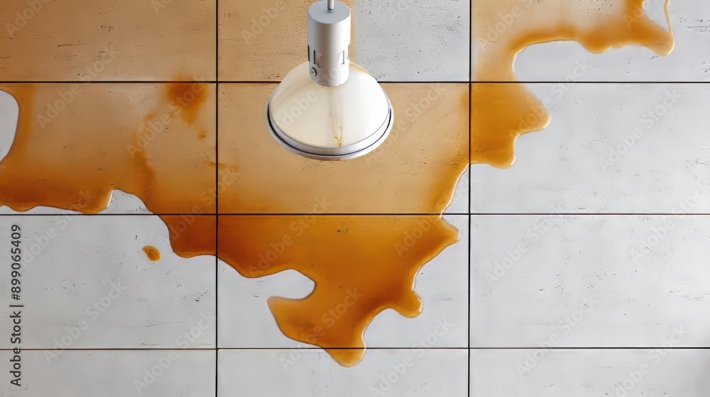 Water-stained ceiling tiles in an office setting, with a prominent leak ...