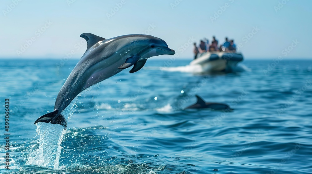 Tourists aboard a boat admiring playful dolphins leaping in the ocean ...