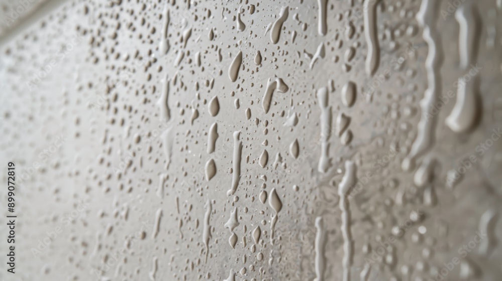 Ceiling with visible water seepage, droplets forming a rhythmic pattern ...