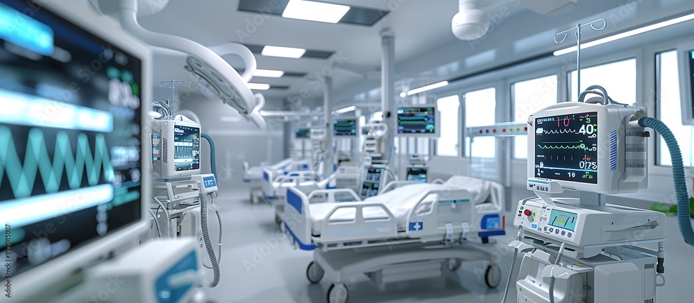 A modern hospital room with advanced medical equipment and digital ...