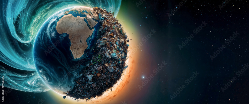 Illustration of planet Earth, half covered in trash, with large areas ...