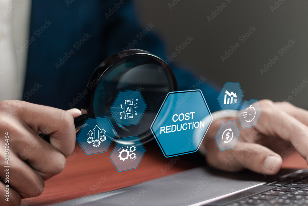 Cost reduction using (AI) artificial intelligence technology. Businessman using laptop with cost ...