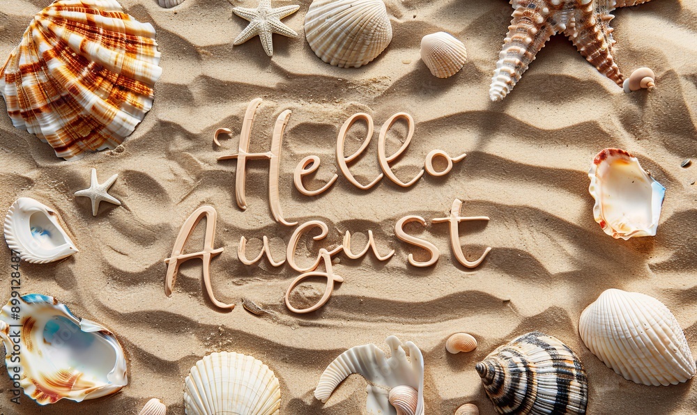 Hello August - modern calligraphy lettering. Summer concept background ...