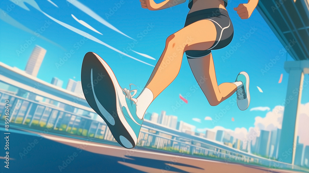 Anime style of a close-up of a runner woman's feet as she runs on an ...