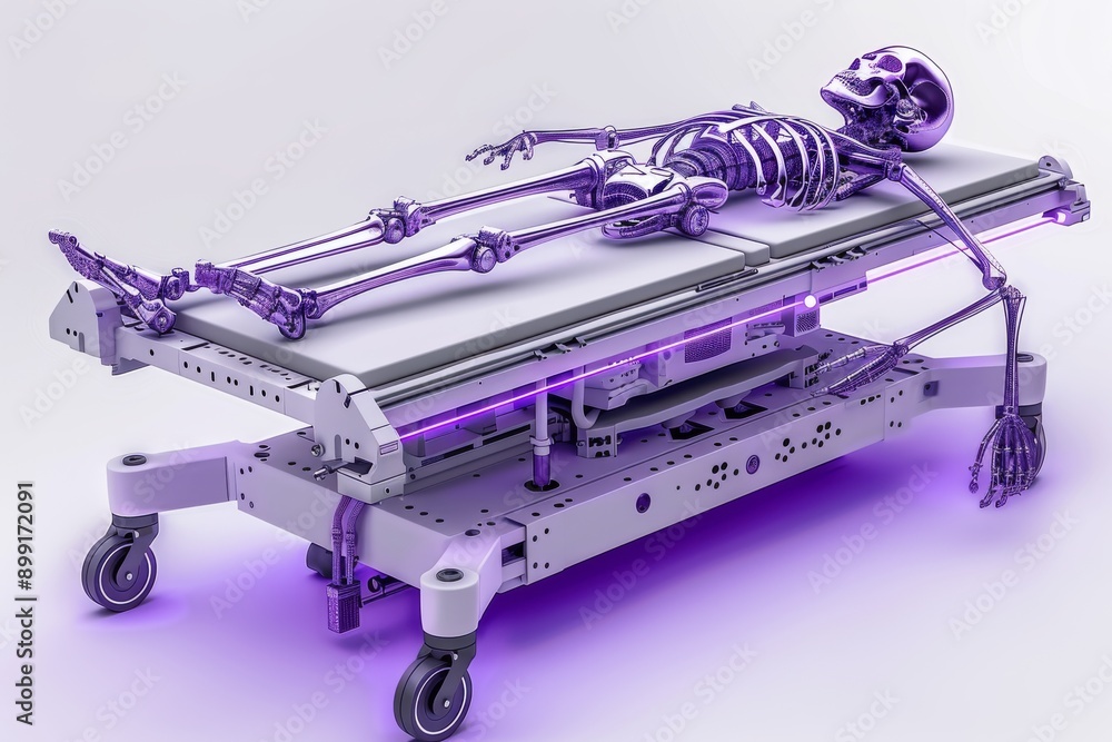 Robotic skeleton on a futuristic medical examination table representing ...