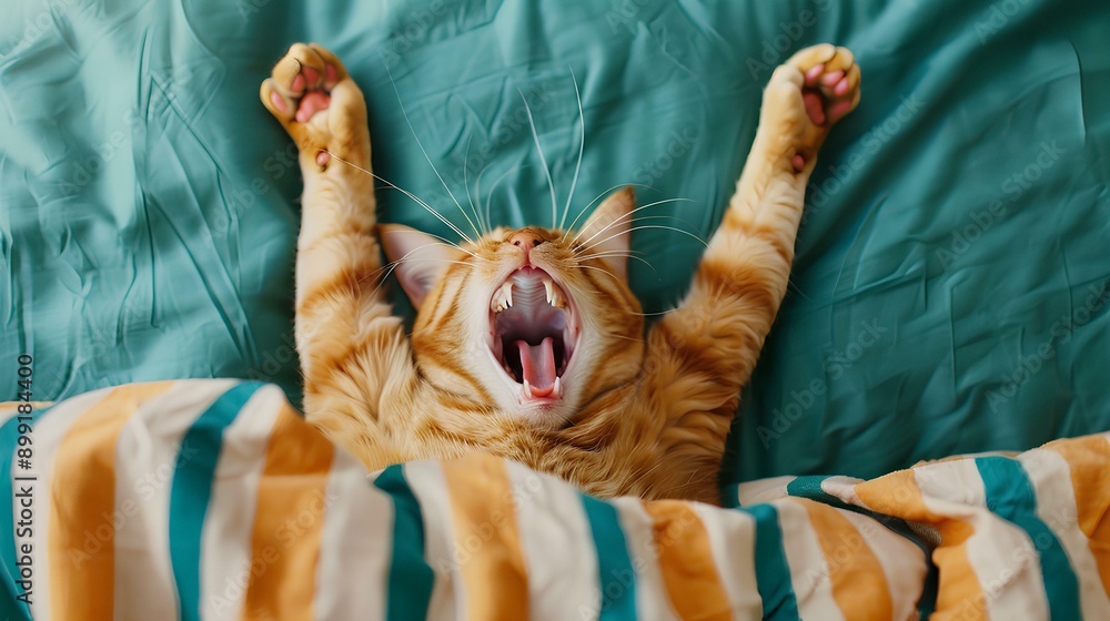 orange cat stretching in bed, with mouth wide open and arms raised ...