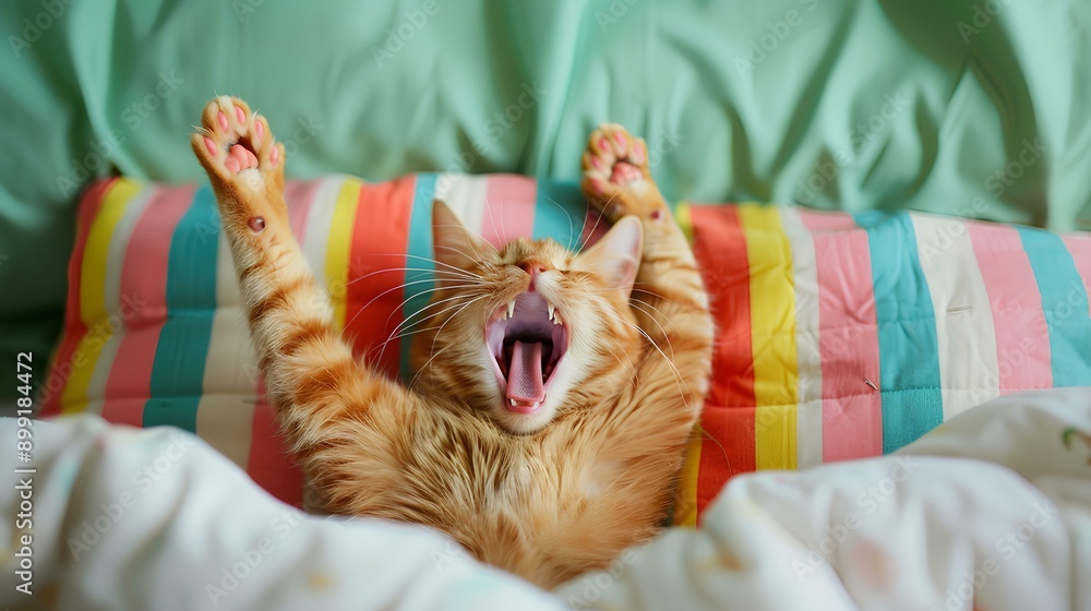 orange cat stretching in bed, with mouth wide open and arms raised ...