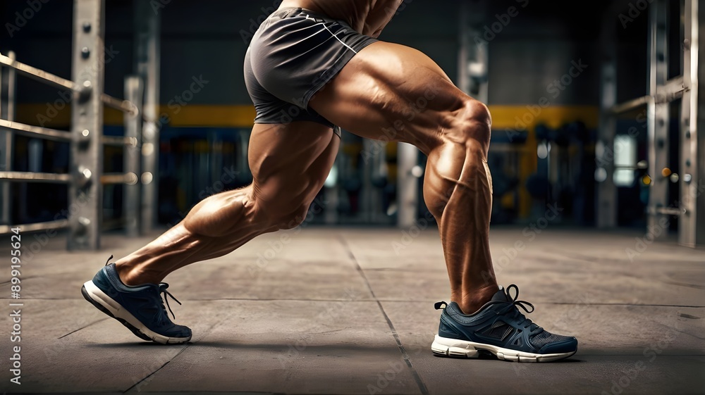 Muscular bodybuilder after doing super squats, leg extension and leg ...