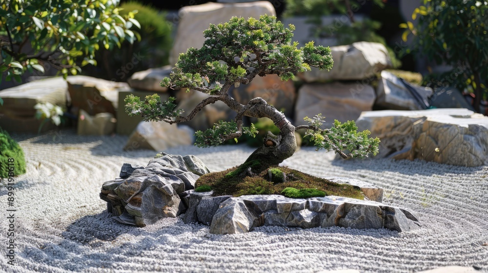 Bonsai tree in a zen rock garden with carefully placed stones and raked ...