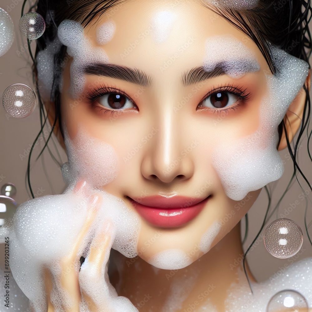 Realistic portrait of a beautiful young asian woman using foam cleanser face wash with many ...