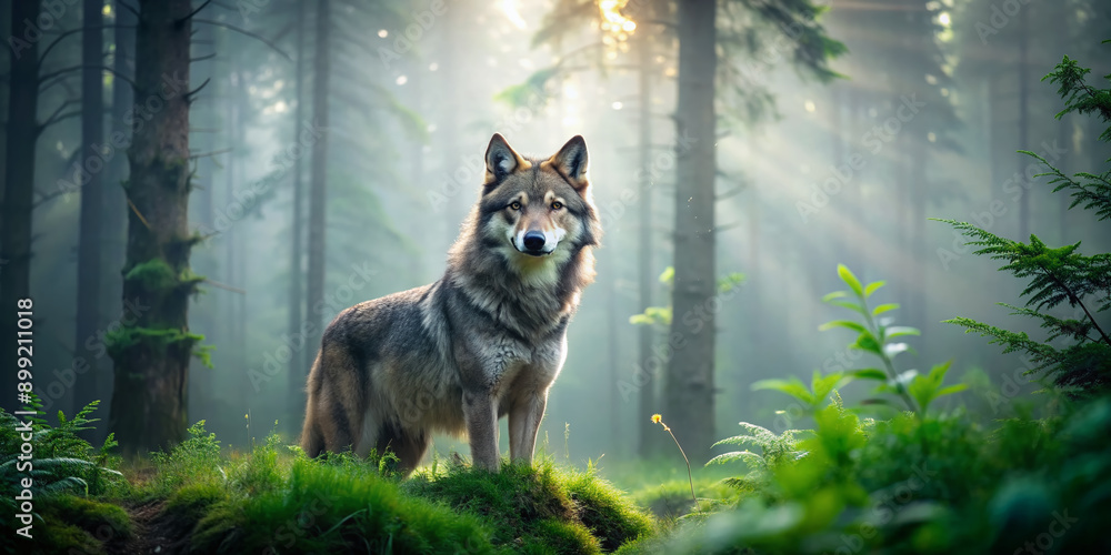 Majestic gray wolf roams freely in misty dawn forest, ears perked, eyes ...