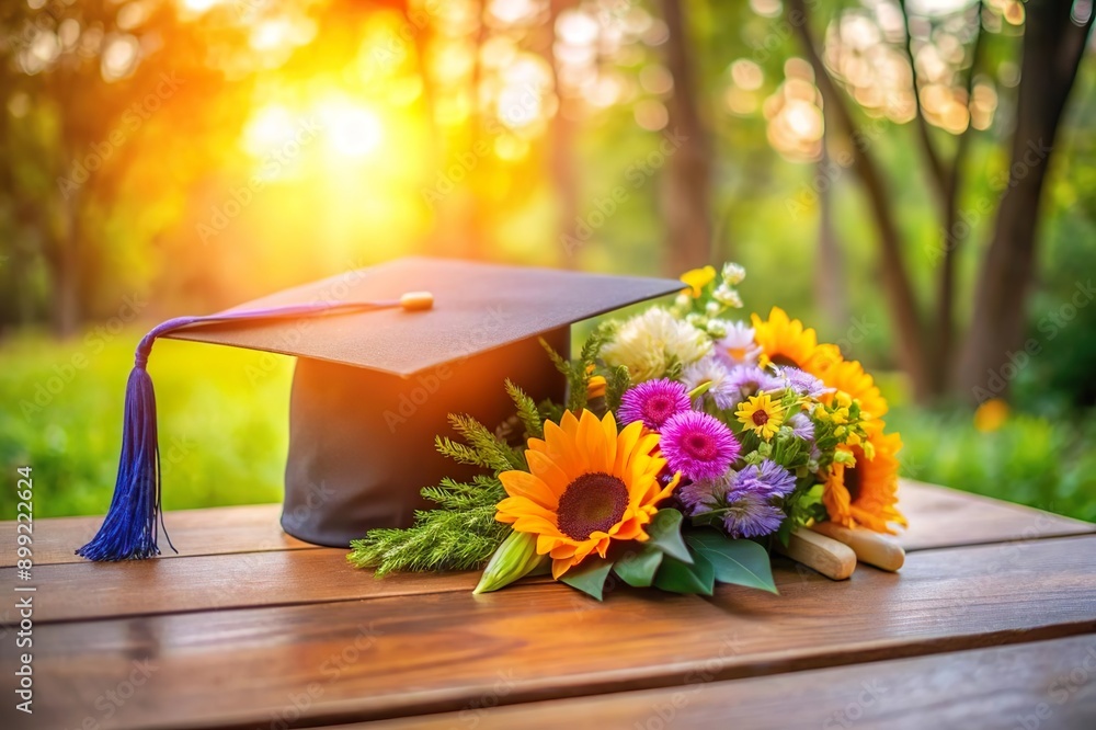 graduation cap next to flower bundle. Graduation ceremony celebrate ...