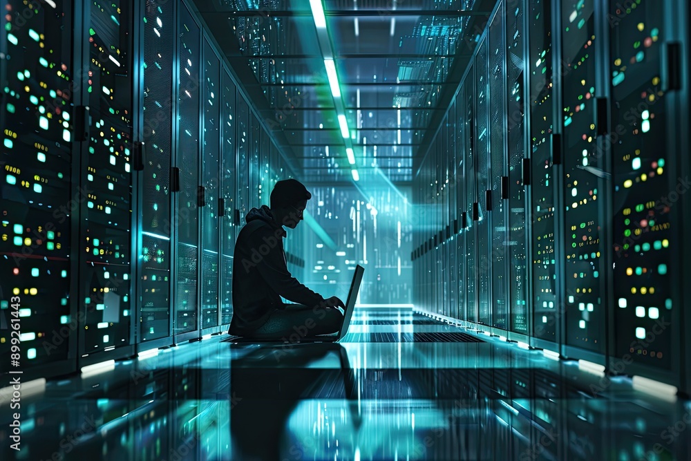 Computer engineer working on laptop computer with server room, data ...