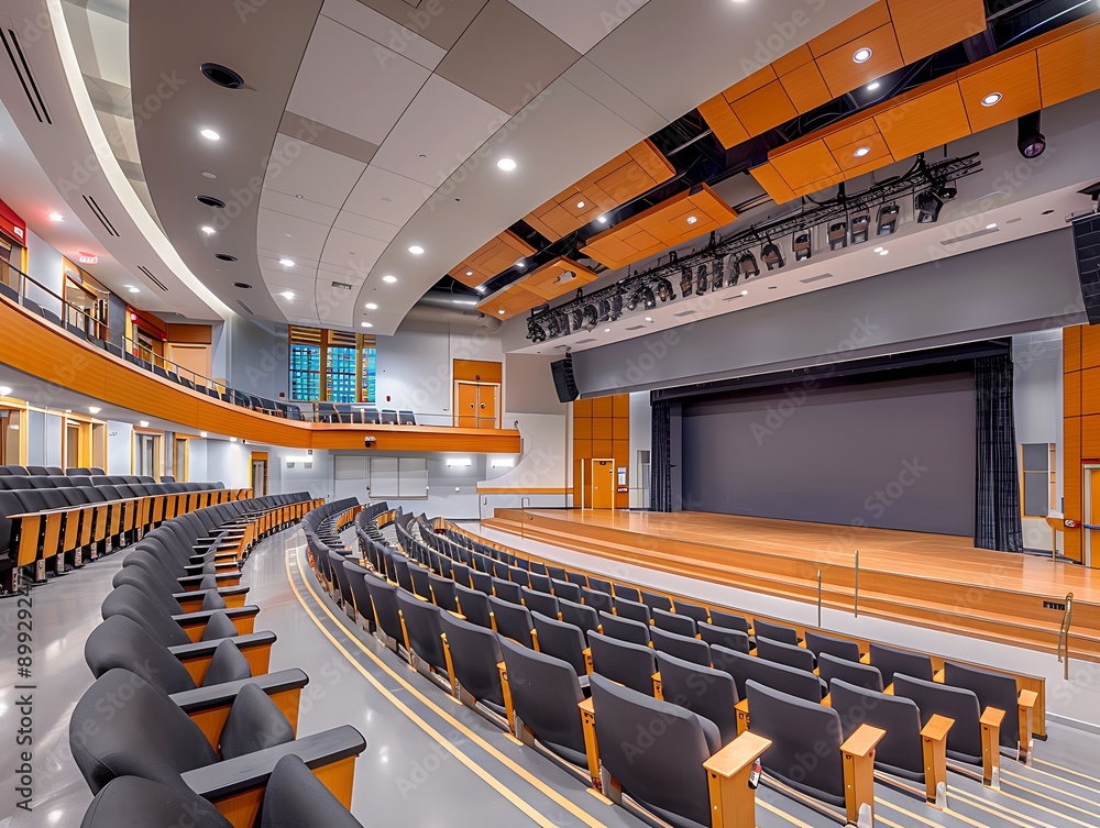 A modern school auditorium with rows of comfortable seating, a large ...