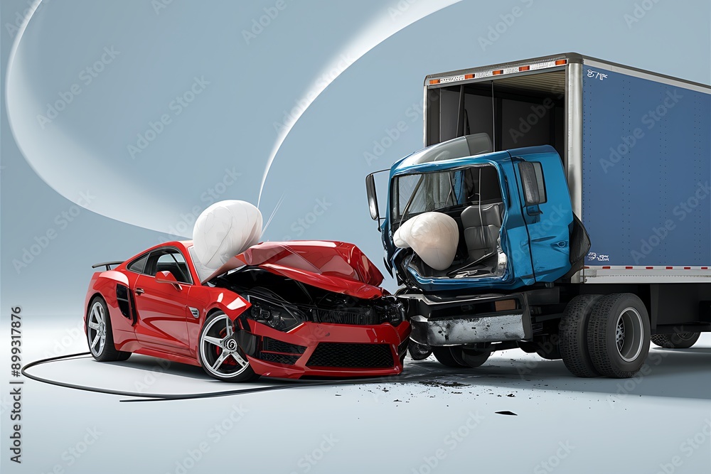 Two cars accident. Crashed cars. A red car against the back of a big ...