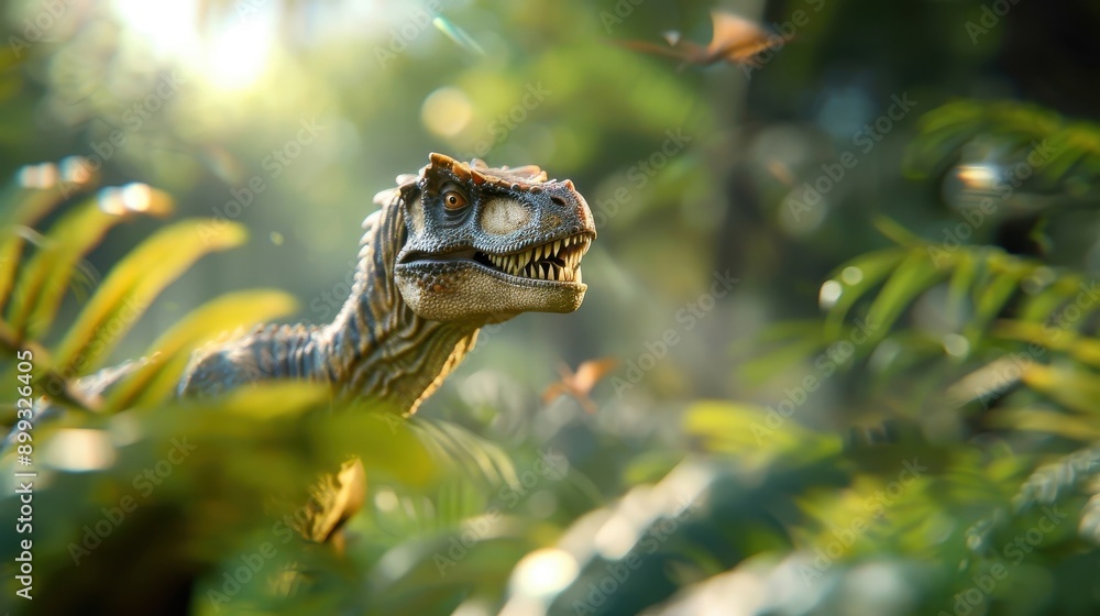Fierce Velociraptor pack hunting through a dense forest, capturing the ...